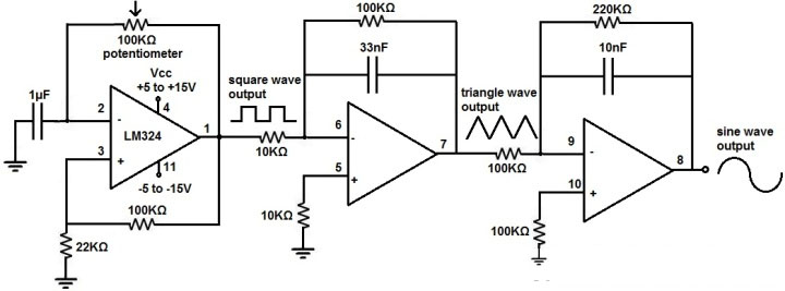 LM324 Quad Op Amp ICs: 4 Example Circuits and Pin Diagram